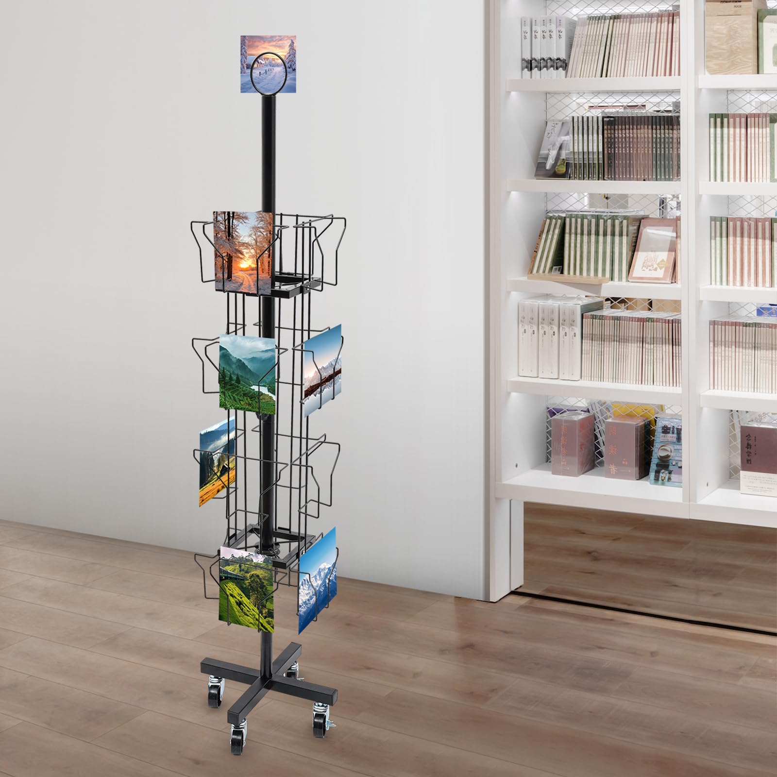 Rotating Greeting Card Display Rack, 4 Tiers Greeting Card Display Rack Christmas with 16 Pockets and 4 Wheels, Rotating Gift Card Display Rack for Vendors, Showcase, Retail, Tradeshow Black