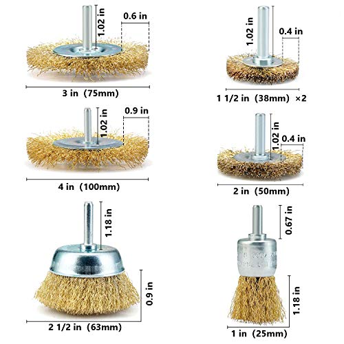 TILAX Wire Brush Wheel Cup Brush Set 7 Piece, Wire Brush for Drill 1/4 Inch Arbor 0.0118 Inch Coarse Brass Coated Crimped Wire Wheel for Used to Clean Rust, Flakes and Abrasives Drill Attachment