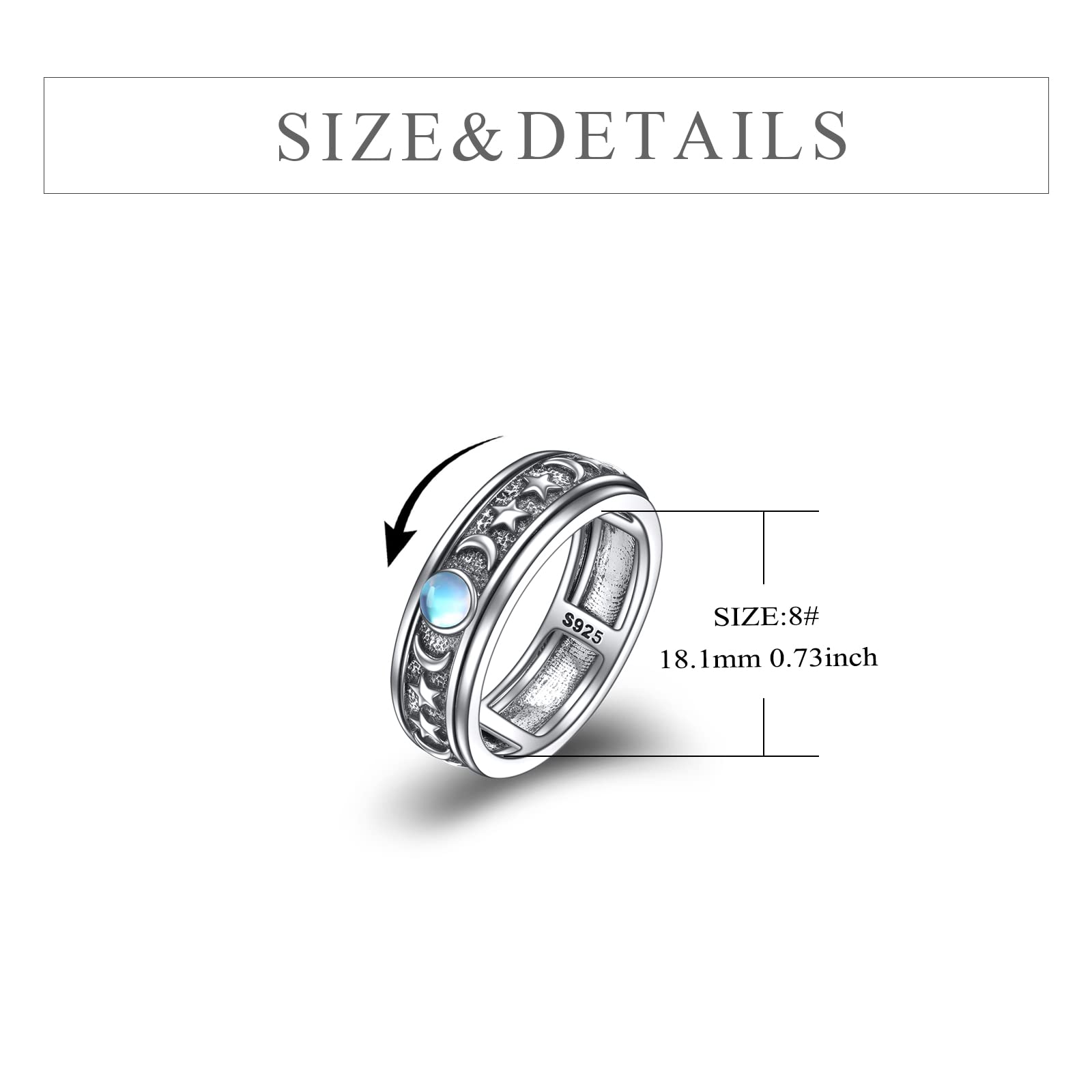 POPLYKE Sterling Silver Anxiety Spinner Rings Moonstone Moon And Star Ring Rotatable Mood Rings for Women Relieve Stress Gift(9 Size)