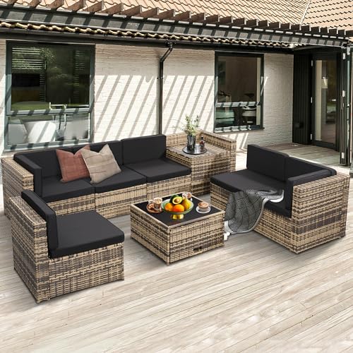 KROFEM 8 Pieces Outdoor Wicker Rattan Patio Furniture Sectional Set, Glass Top Table with Hidden Storage, 7 Sofa Sections, Oversized Cushions, Natural Color Rattan with Black Cushion