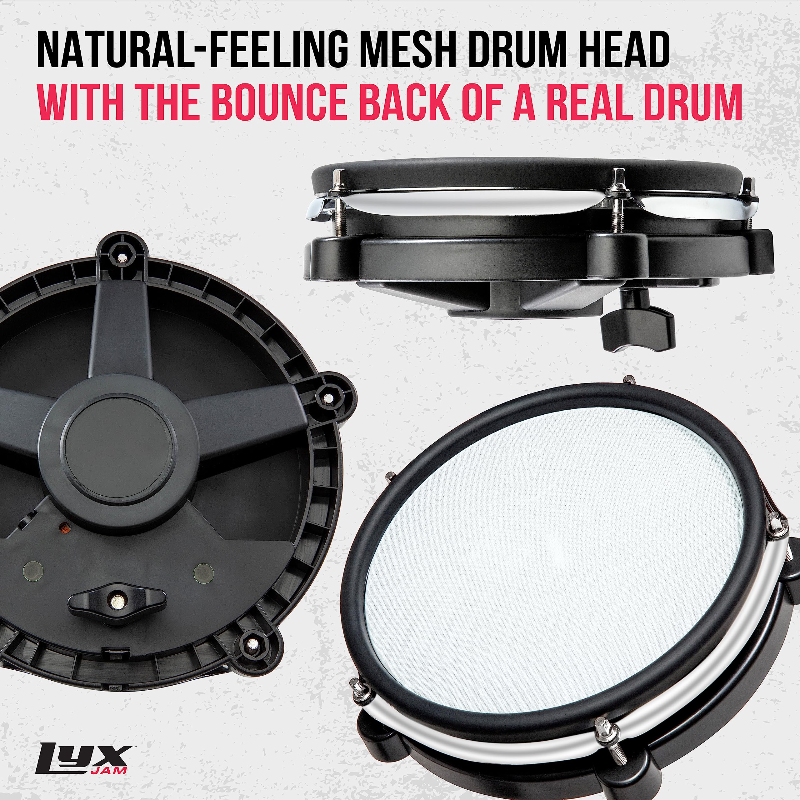 LyxJam 8-Piece Electronic Drum Kit, Professional Drum Set with Real Mesh Fabric, 448 Preloaded Sounds, 70 Songs, 15-Song Recording Capacity, Choke,Rim,Edge Capability & Kick Pad, Drum Sticks Included