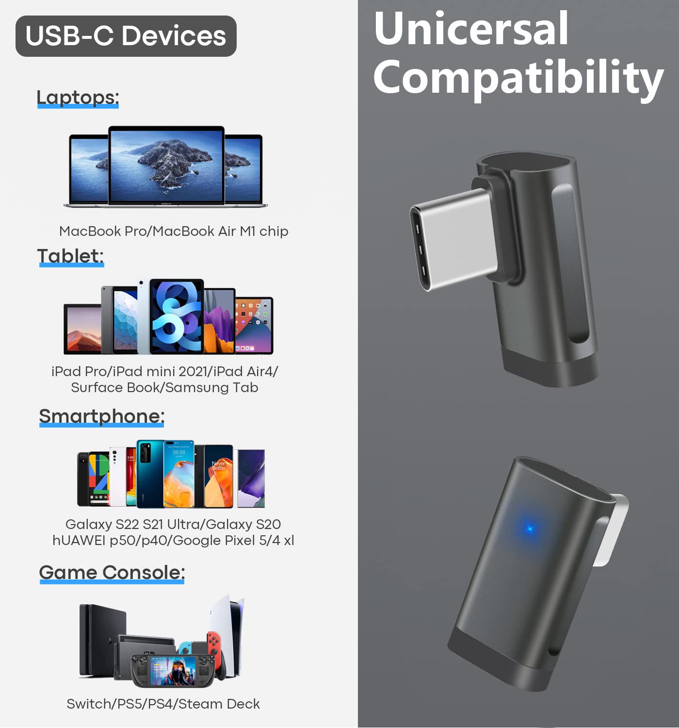 TECHTOBOX Right Angle USB-C Adapter [2 Pack] Flat 90 Degree USB Type C Male to USB-C Female Adapter Support 8K Video 60W Fast Charging 40Gbps Data for Steam Dock,Switch,Laptop,Tablet,Phones