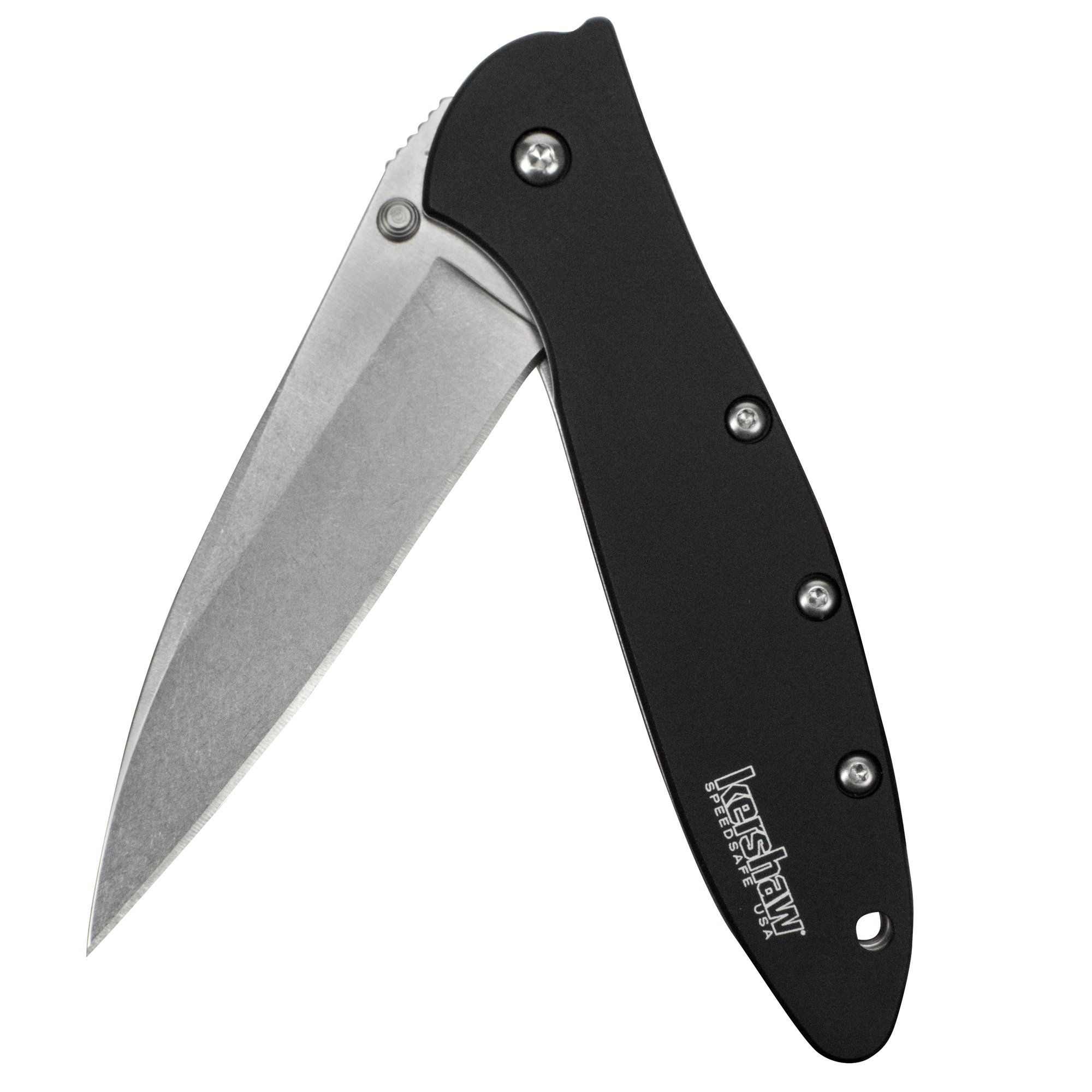 Kershaw Leek, Black Folding Knife (1660CKT); 3 OZ. & Leek, Stonewashed Pocket Knife (1660SWBLK) 3” Stonewashed High-Performance Sandvik 14C28N Steel Blade, Black Anodized Aluminum Handle; 2.4 OZ