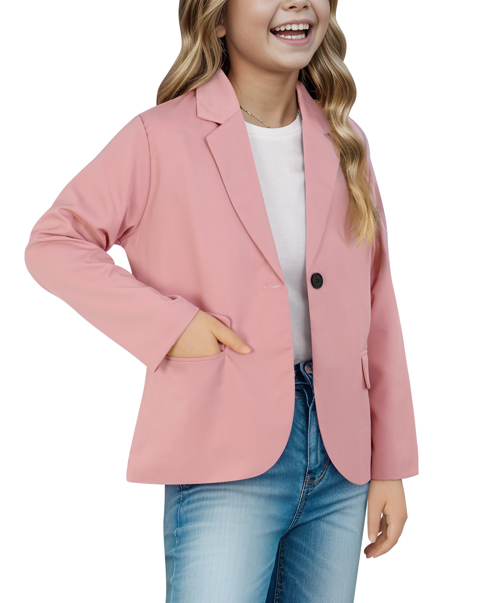 KEREDA Girls Casual Blazers Long Sleeve Open Front Button Lightweight Blazers with Pockets Pink 9-10 Years