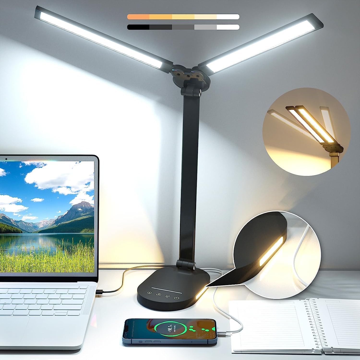 LED Desk Lamps for Home Office, Dual Swing Arm Desk Light, Dimmable Desk Lamp with USB Charging Port, Office Lamp with Night Light, 1H Timer, 5 Color Modes 5 Brightness Levels, Eye-Caring Table Lamp