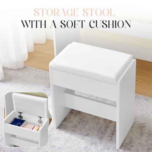 Vanity Desk with HD Mirror and Brighter Lights, 3-Colour Hollywood Brighter Bulbs, Cushioned Storage Stool, 6 Storage Spaces, Vanity with Power Strip & Hairdryer Holder, Bedroom Makeup Vanity, White