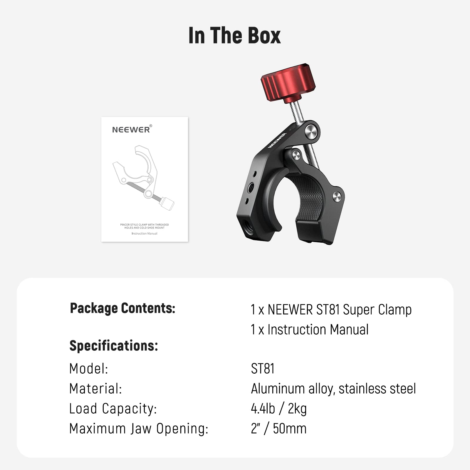 NEEWER Super Clamp with Cold Shoe and 1/4" 3/8" Threaded Holes, Max Load 4.4lb/2kg, Crab Shaped Camera Clamp Mount for Most Photography Accessories, Compatible with SmallRig Magic Arms, ST81