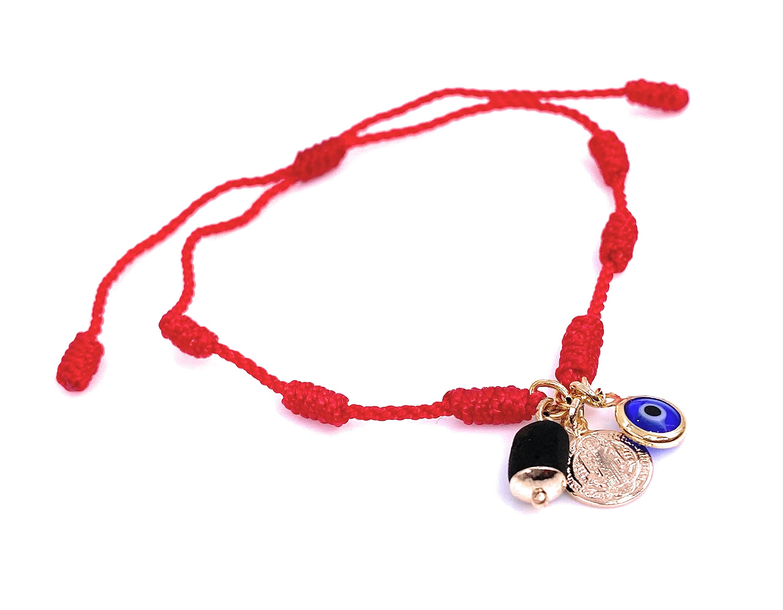 LESLIE BOULES Red Thread Saint Benedict Bracelet Blue Evil Eye & Genuine Azabache Stone Pendants Handmade Jewelry