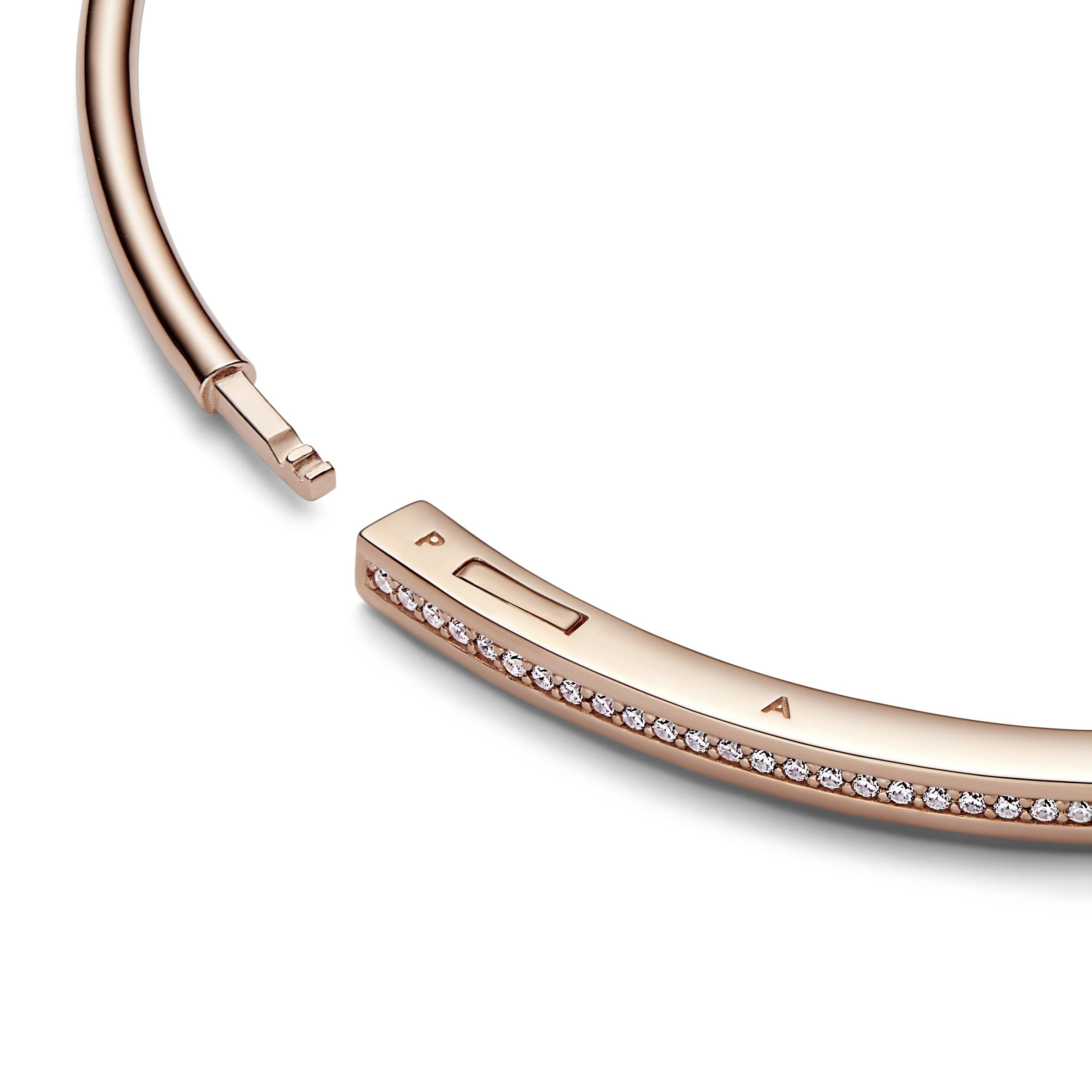 Pandora I-D Pavé Bangle - 14k Rose Gold-Plated Bracelet for Women - Features Rose & Cubic Zirconia - Gift for Her - 6.9"