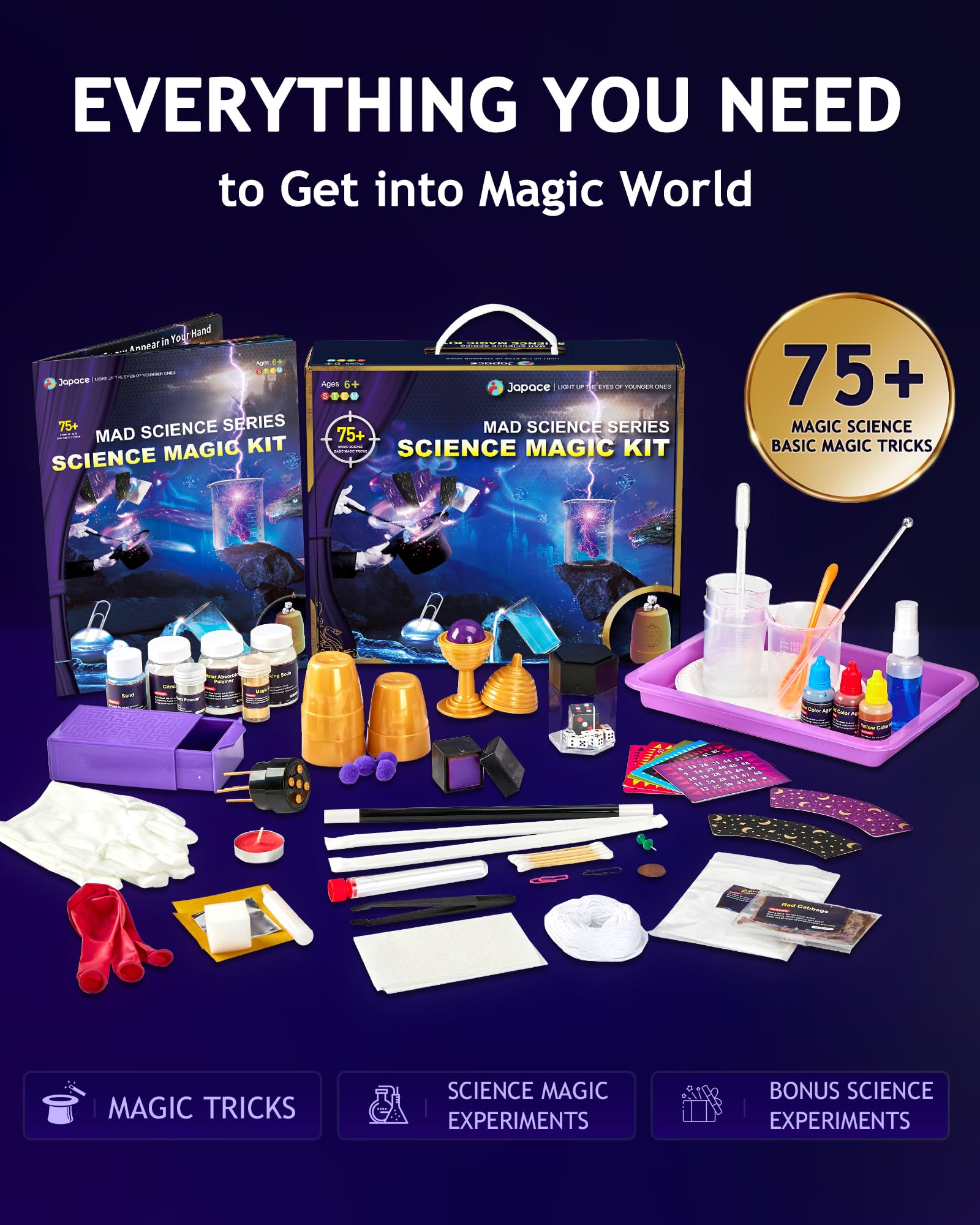 Japace Magic Kit & Science Kits for Kids Age 6-8-10-12, 75+ Magic Tricks & Science Experiments STEM Chemistry Sets, Christmas Birthday Gift Ideas for Kids, Educational Toys for Boys & Girls