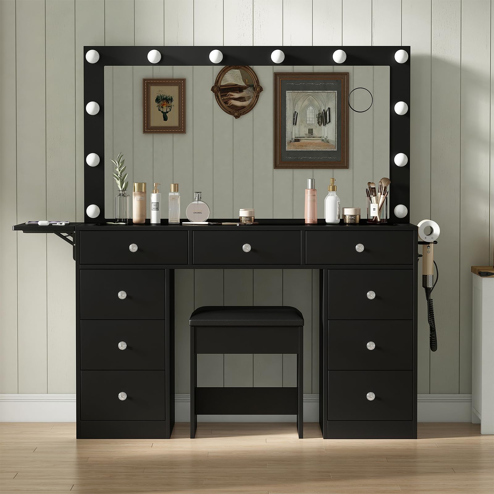 Vanity Desk with Power Outlet, Makeup Vanity with Lighted Mirror, 3 Lighting Modes Adjustable, 9 Drawers Vanity Set with Fold-up Panel, Glass Top, Vanity Table with Chair for Bedroom, White