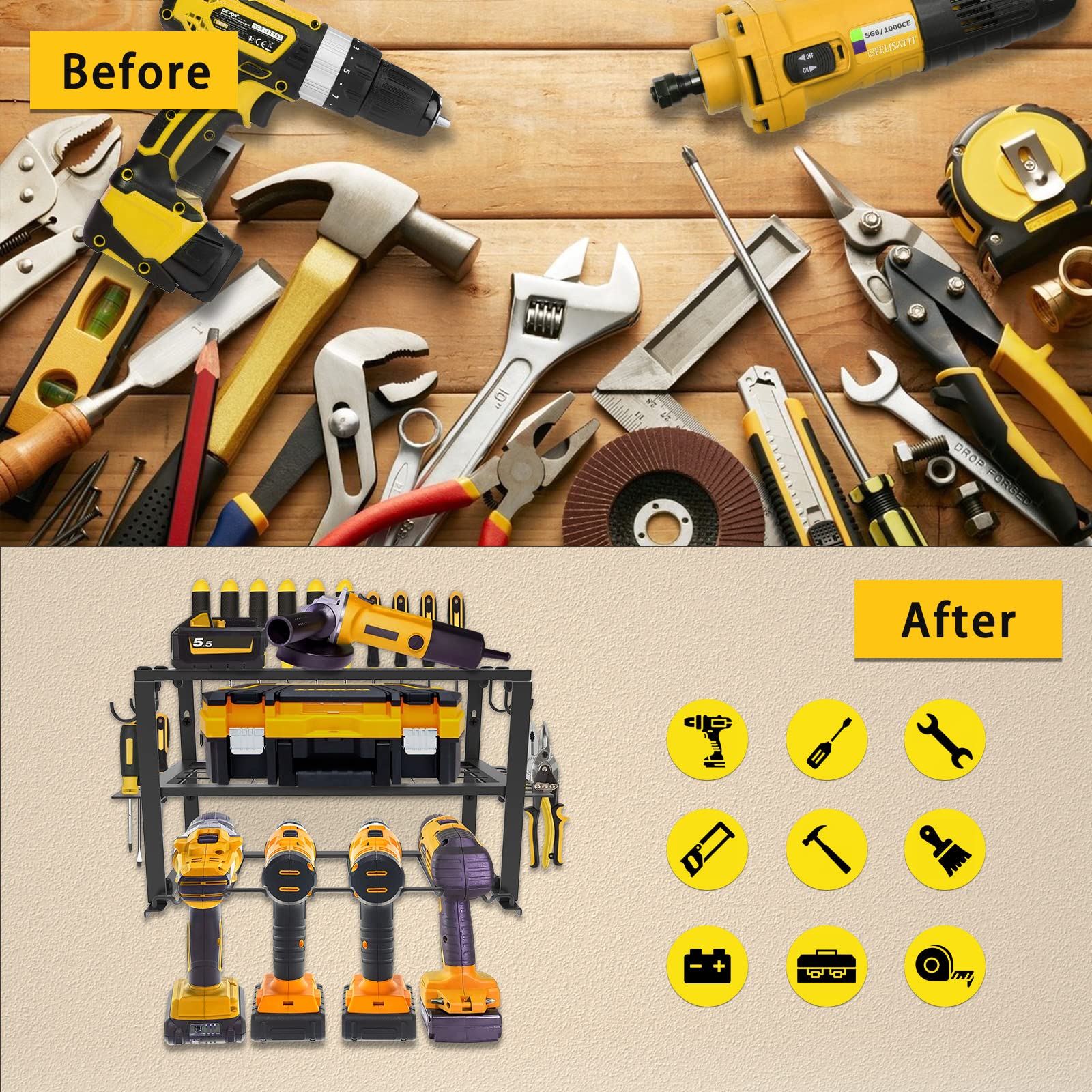 Vrawih Power Tool Organizer Wall Mount, Upgraded Garage Storage Organization System Storage Rack, Floating Tool Shelf Compact Steel Design, Gift for Men Father's Day…