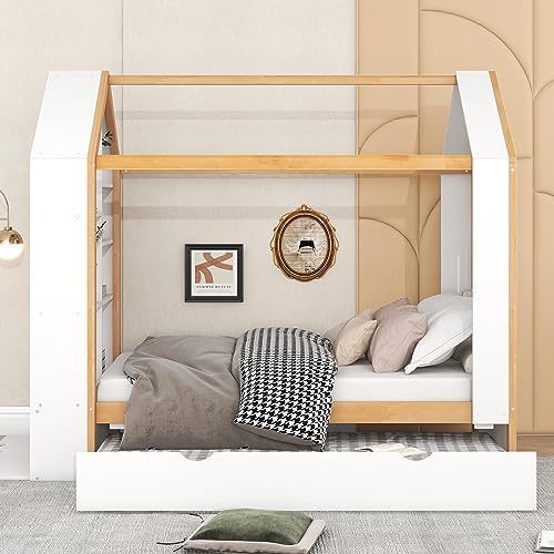 LAVHOME Twin Size House Platform Bed with Storage Shelves and Twin Size Trundle,Solid Wood Twin Bed Frame Box Spring Not Required,White