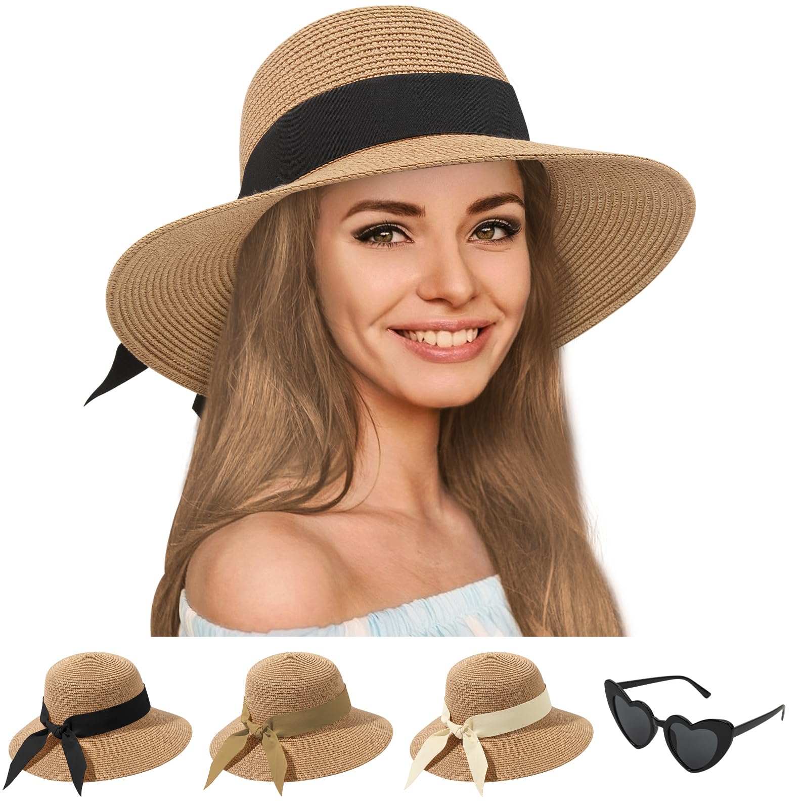 Senker Fashion Sun Hats for Women Wide Brim Beach Hat Foldable Packable Straw Hat UV UPF 50+ Travel Summer Hat Khaki