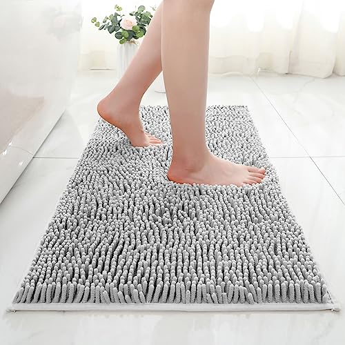 MitoVilla Light Grey Bathroom Rugs, Soft Chenille Small Bath Mats for Bathroom Non Slip, Thick Washable Plush Bath Rugs, Modern Absorbent Shower Bathroom Floor Mat, 17" x 24"