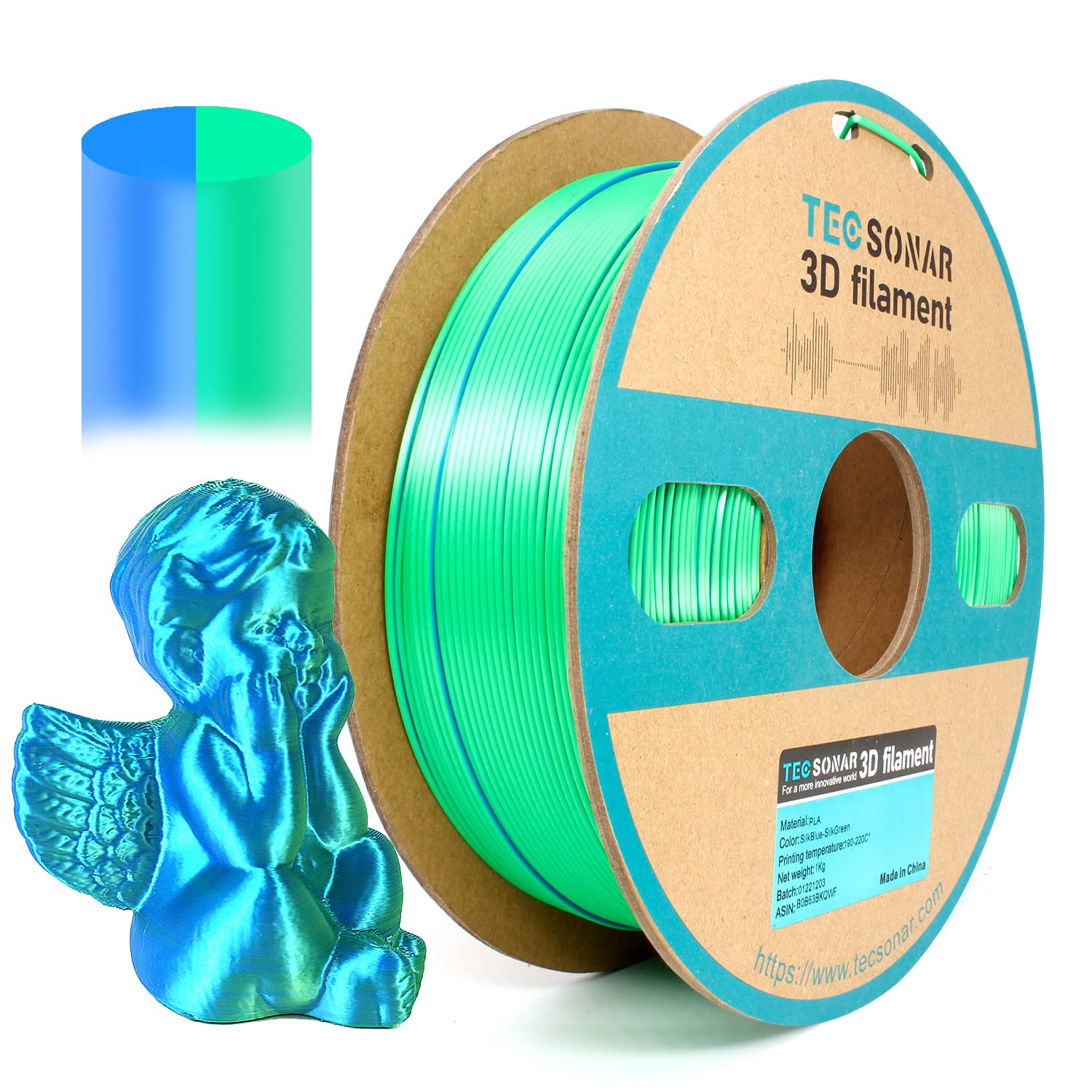TECSONAR Silk Dual Color PLA Filament Coextrusion Filament Multicolor 3D Printer Filament 1kg Dichromatic Filament 1.75mm (± 0.03 mm) Compatible w/Most of 3D Printer, Silk Blue Green