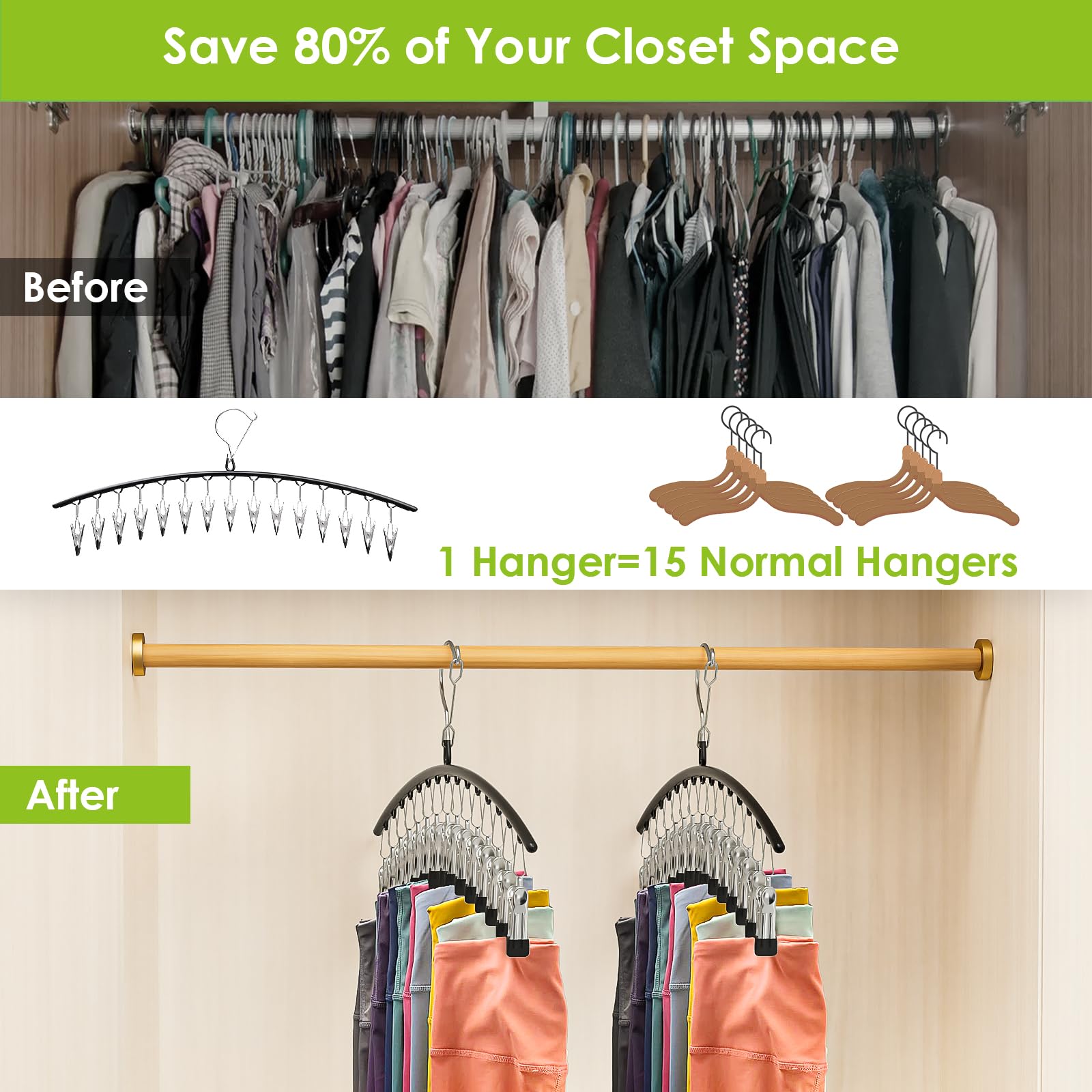 Legging Organizer for Closet,Feverdes Metal Pants Hangers with Rubber Coated with Clips Hold Leggings/Jeans/Skirts,Space Saving Hanging Closet Organizers and Storage (2 Pack, Black)