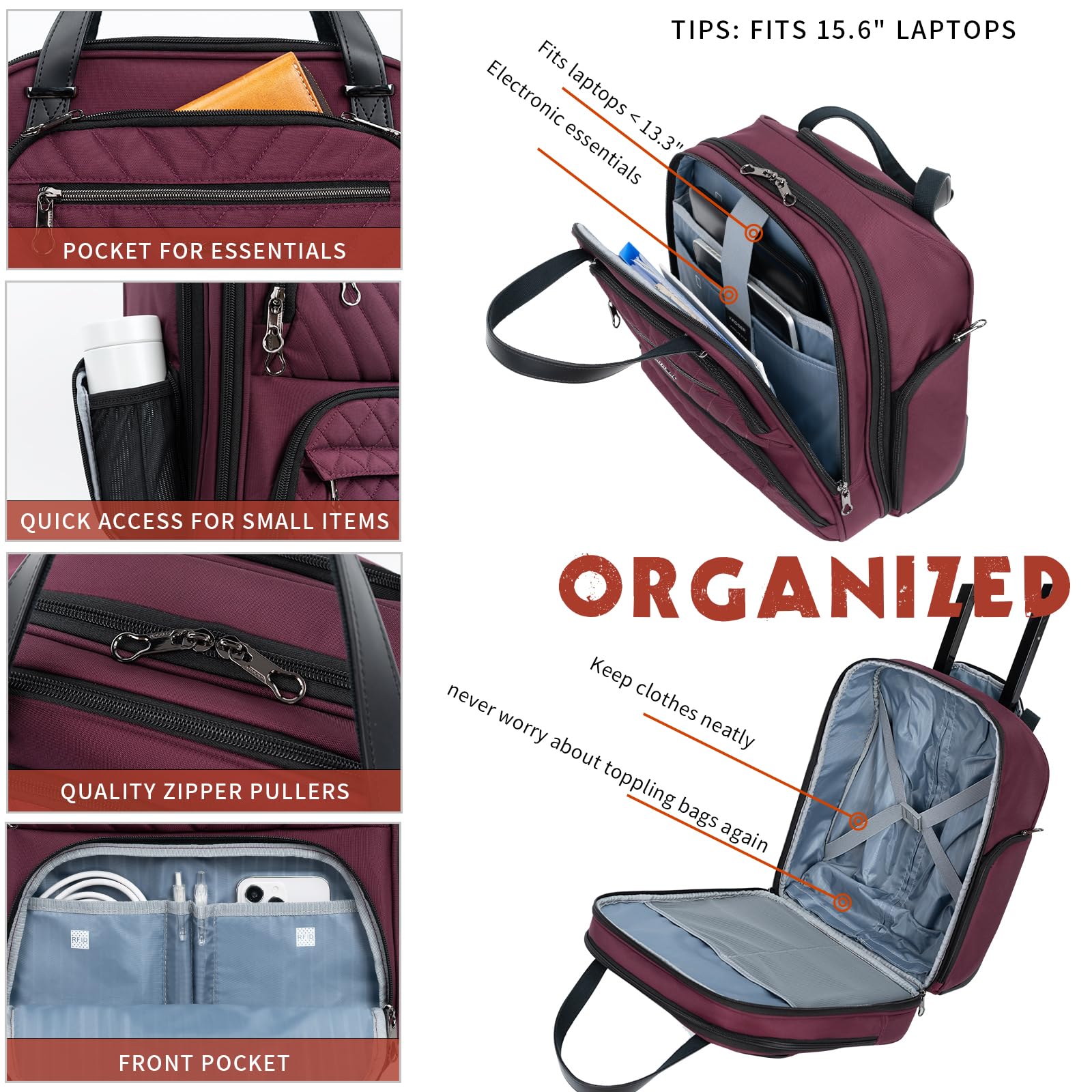 KROSER Carry On Underseat Multi-functional, 16-inch Underseater Lightweight Overnight Suitcase for Women, Burgundy