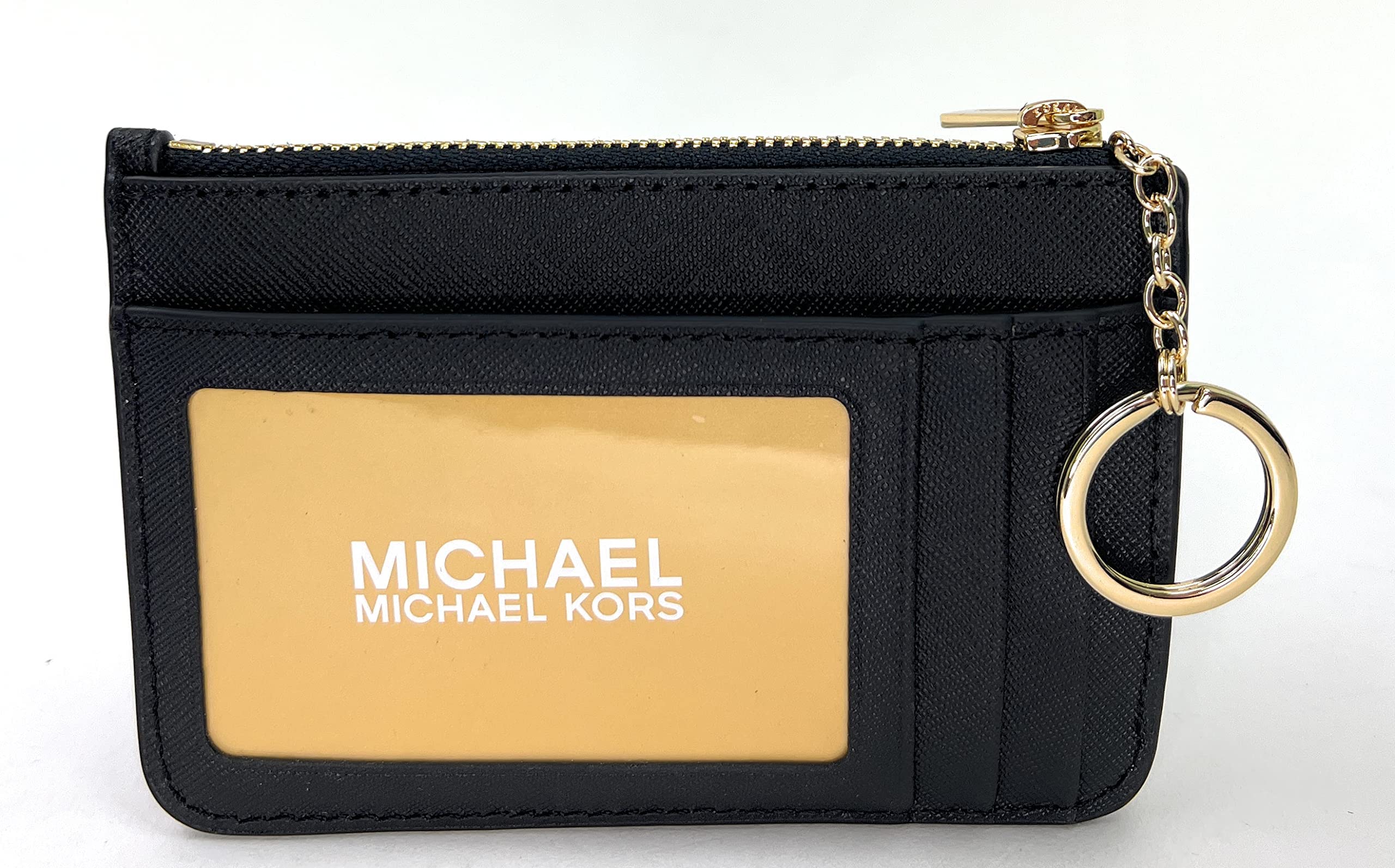 Michael Kors Jet Set Travel Small Top Zip Coin Pouch with ID Holder in Saffiano Leather (Black with Gold Hardware)