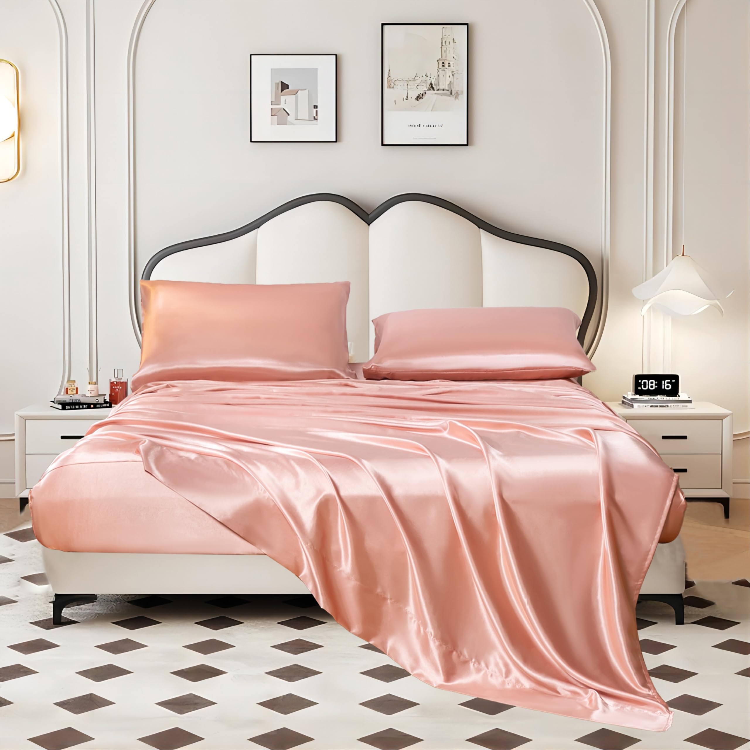 Koreyoshi 4 Pcs Satin Sheets Full - Luxury Silk Silky Super Soft Extra deep Pocket Full Sheet Sets - Wrinkle & Fade Free - Deep Pocket Fitted Sheet, Flat Sheet, Pillow Cases (Pink Champagne, Full)