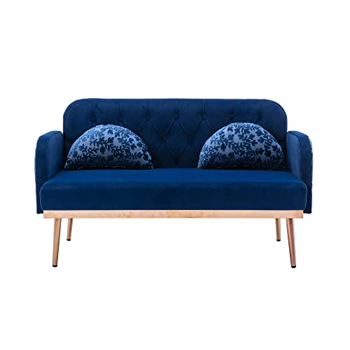 Yoglad Velvet Small Sofa, Upholstered Loveseat with Golden Metal Legs, Accent Couch with Cute Pillows, Small Couch with Solid Wood Frame, for Living Room, Bed Room, Dorm, 55" Inch (Navy)