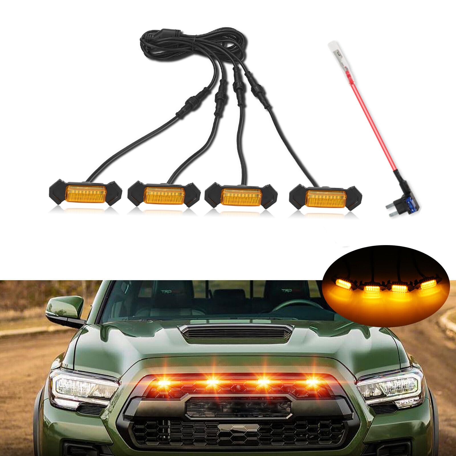 LED Grille Lights 4PCS for Toyota Tacoma TRD PRO 2016-2023 with Fuse and Harness Front Mesh Grille Raptor Lights for Tacoma, Smoke Shell with White Light