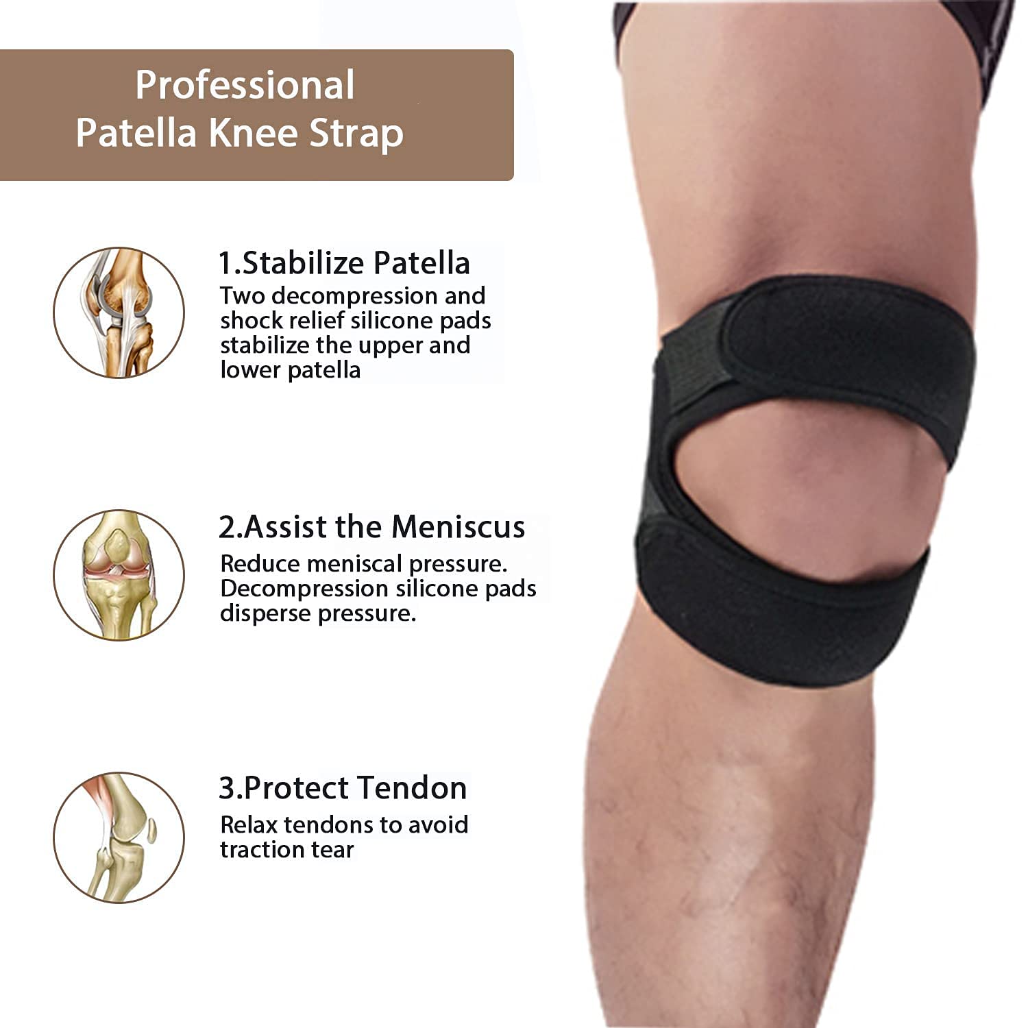 Patellar Tendon Support Strap (Large), Knee Pain Relief Adjustable Neoprene Knee Strap for Running, Arthritis, Jumper, Tennis Injury Recovery