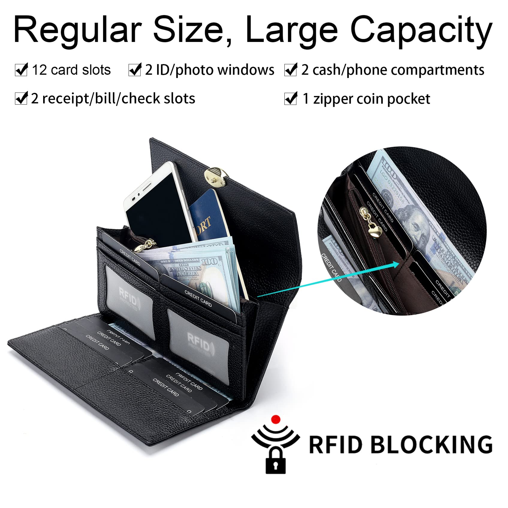 Repterbo Wallets for Women RFID Blocking Genuine Leather Large Capacity Trifold Ladies Clutch Wallet Multi Card Organizer Black1