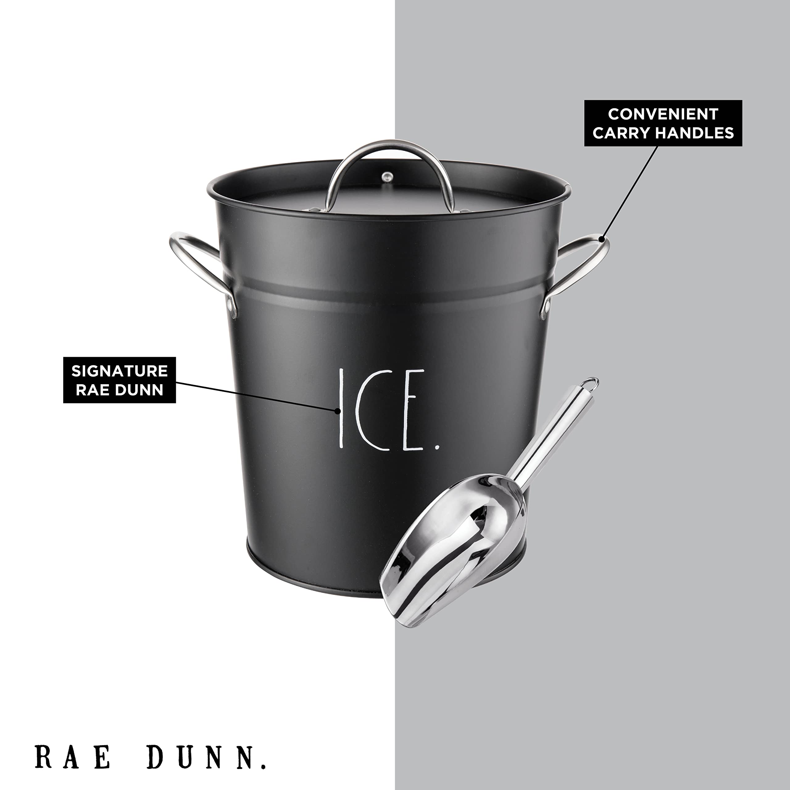 Rae Dunn Ice Bucket with Scoop - Stainless Steel Bucket with Handle, Lid and Ice Scooper - 4 Qt. Storage Bin for Ice Cubes for Bars, Parties, Backyard Barbeques, Picnics, and Camping (White)