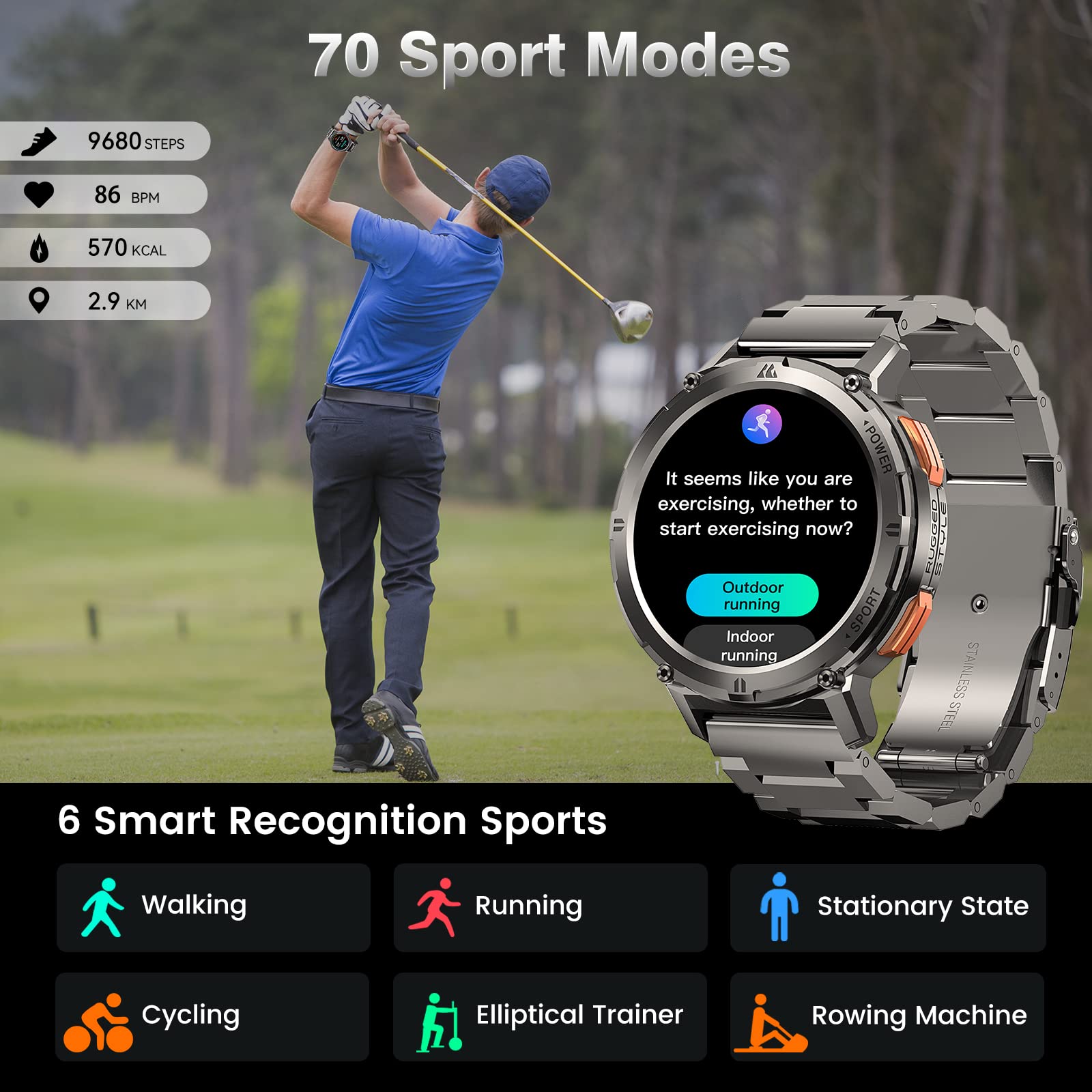 KOSPET Smart Watch for Men, 60 Days Extra-Long Battery, 50M Waterproof, AI Assistant 1.43β AMOLED Always-On Display Rugged Military Smartwatch Answer/Make Call for Android iPhone, Silver(2 Straps)