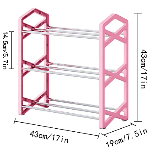 SHELAKET Upgrade 3-Tier Small Shoe Rack, Metal Lightweight 5-7 Pairs Shoe Shelf Storage Organizer for Entryway, Hallway and Closet(Pink)