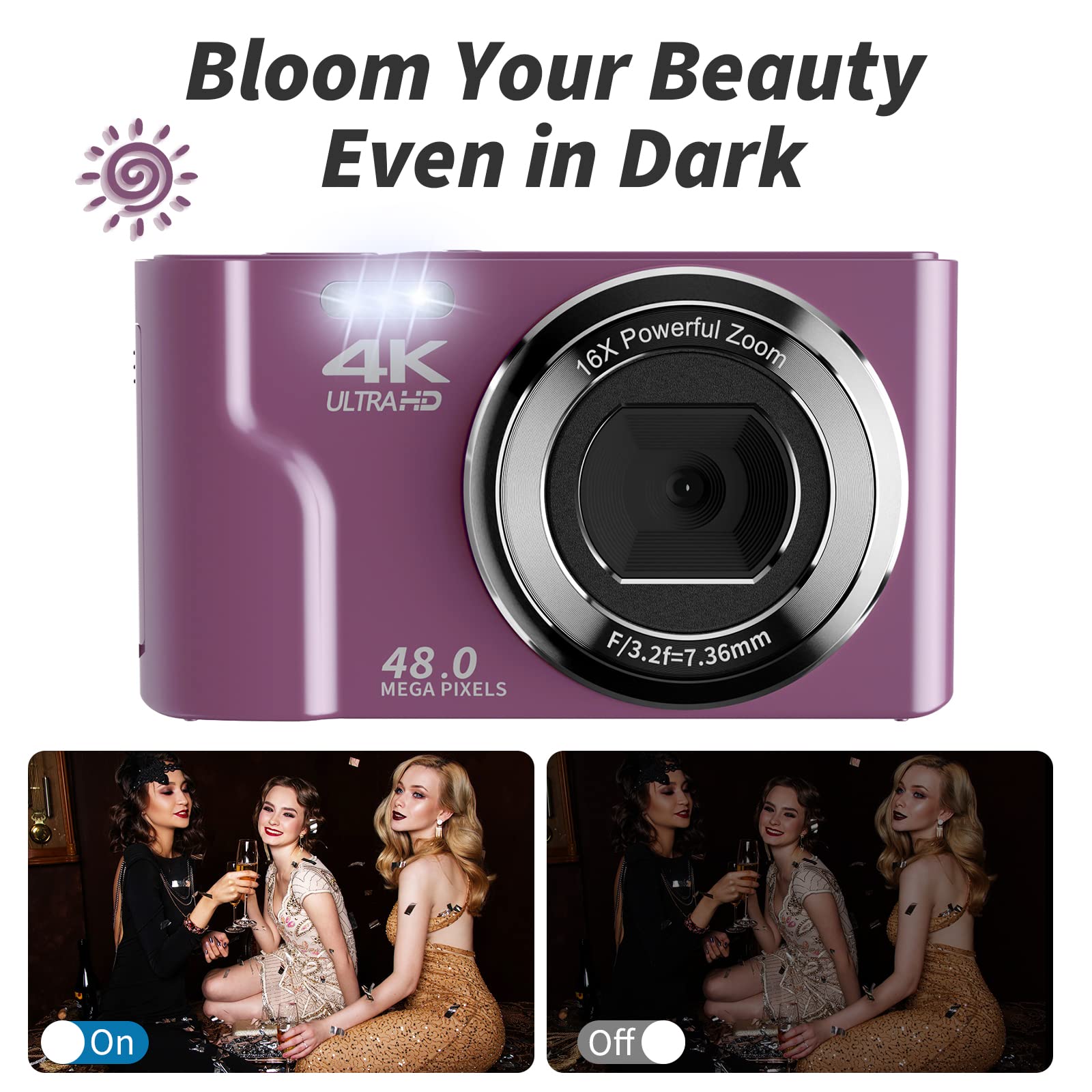 Saneen Digital Camera, 4K Cameras for Photography & YouTube, 48MP Small Compact Digital Camera for Teens, Kids,Elder,Beginners,16X Digital Zoom,with 32GB SD Card - Pink