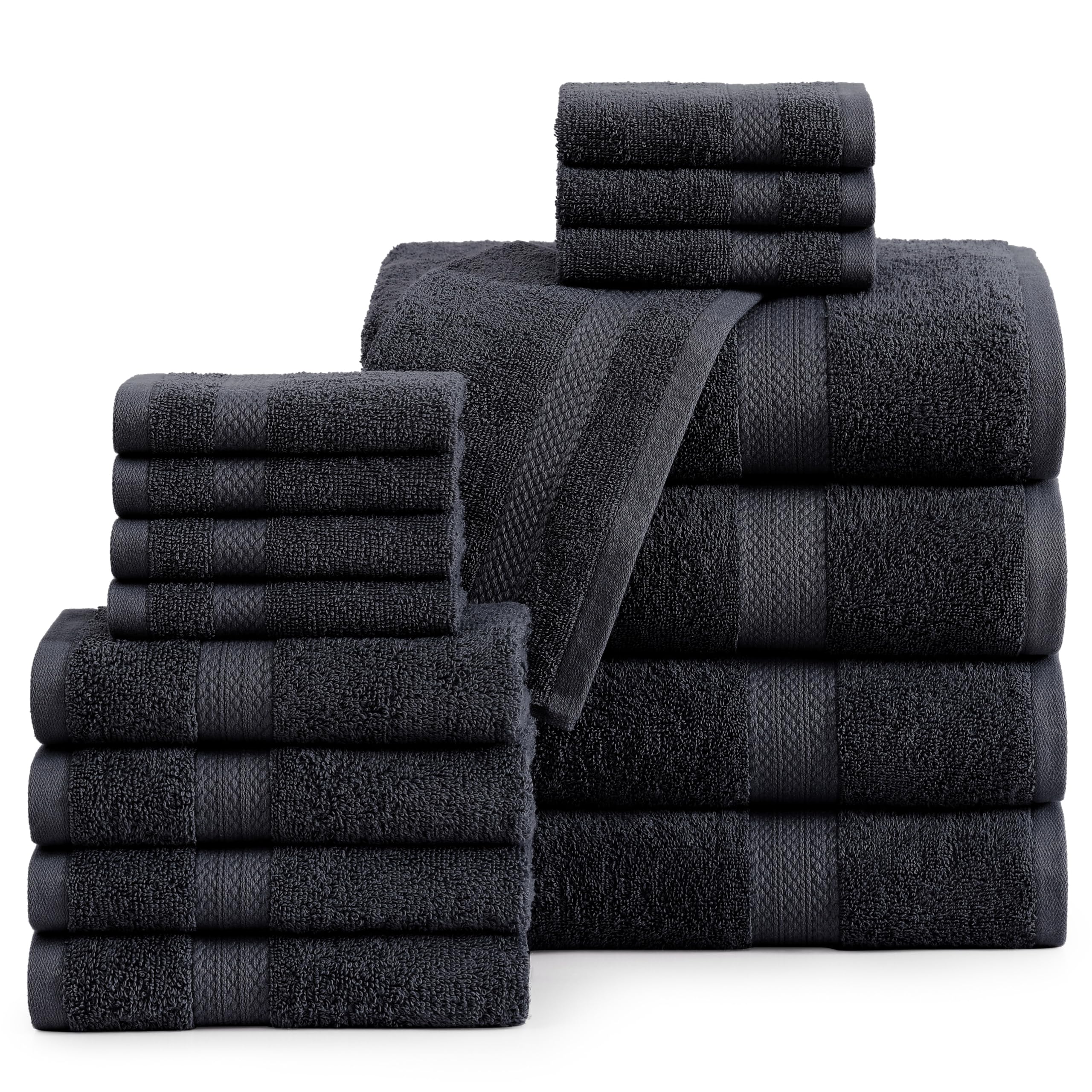 LANE LINEN 16 Piece Bath towels - Black Towels - 100% Cotton Towels for Bathroom, Luxury Bath Towels, Highly Absorbent Bathroom Towel Set, 4 Bath Towels, 4 Hand Towels, 8 Wash cloths - Black
