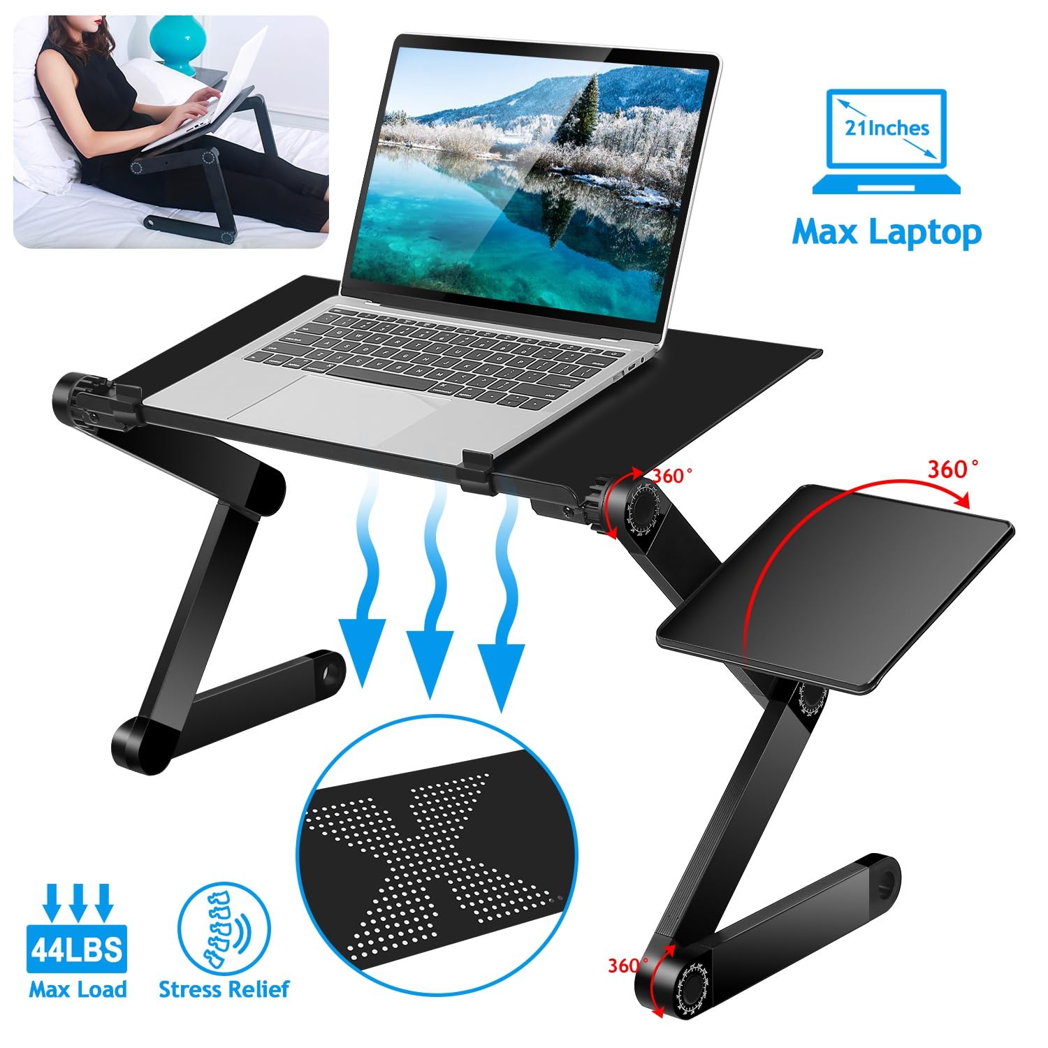 KOCASO Adjustable Laptop Stand, Aluminum Portable Laptop Table for up to 21" Laptops with Mouse Pad, Ergonomic Laptop Holder Computer Lap Desk Tray Standing for Couch TV Bed Sofa Office Students Gift