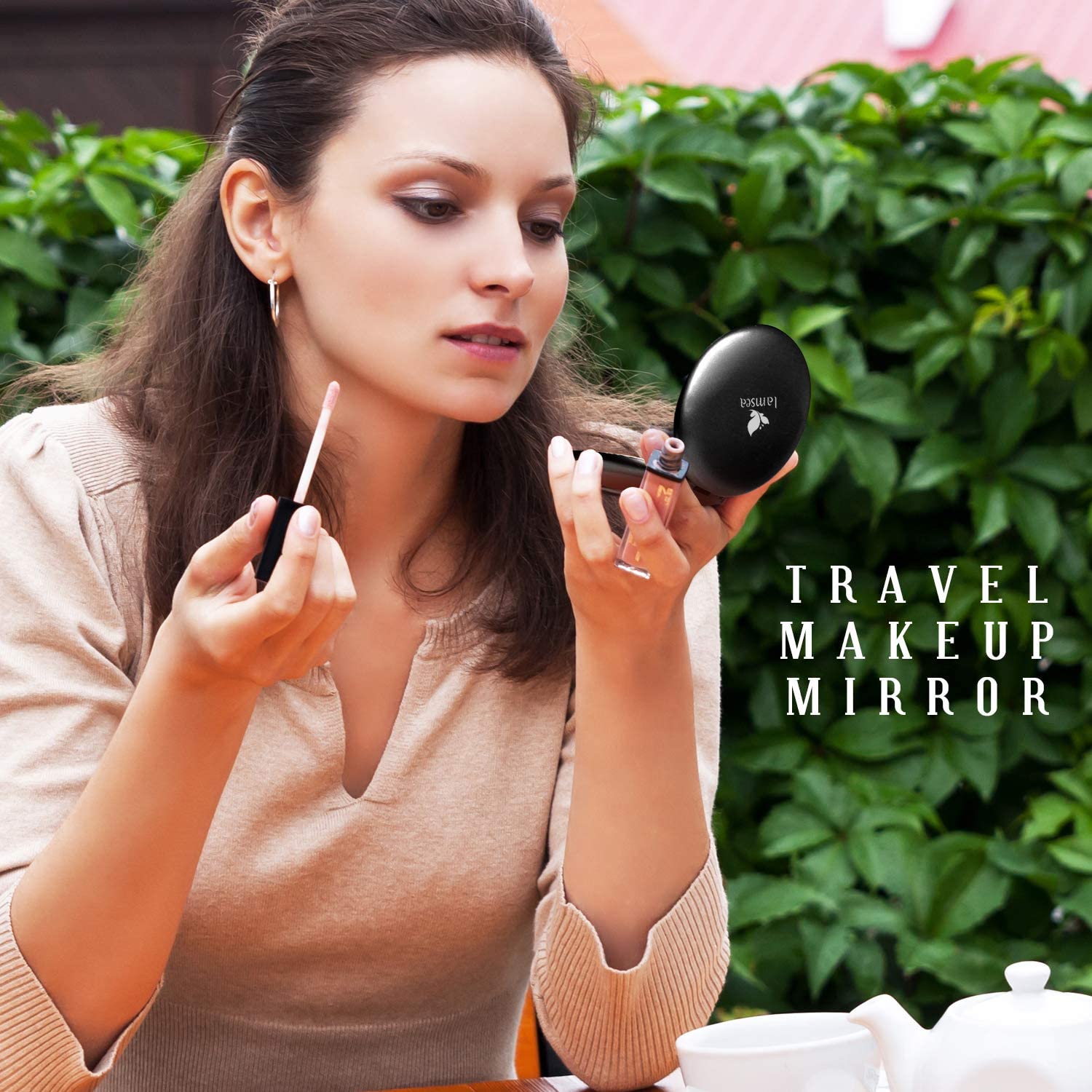LED Lighted Travel Makeup Mirror Foldable, Dual Sided Vanity Mirror with Lights Portable Compact Illuminated Folding Tabletop Cosmetic Mirror, 1x/5x Large 4.9β Handheld Magnification Pocket Mirrors