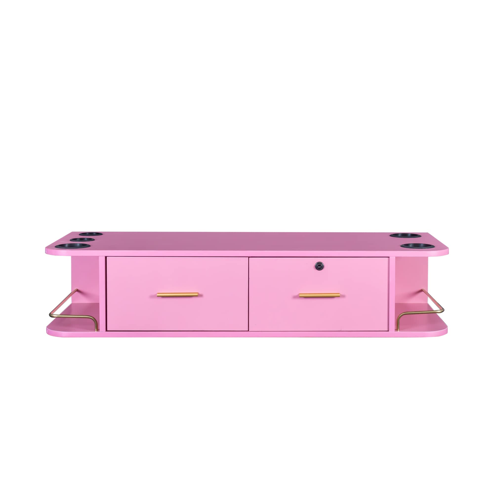 Wall Mount Makeup Vanity with Drawers,Dressing Table with Hair Dryer Holder and Side Cubbys, Barber Hair Stations for Salon Beauty Spa Equipments(Pink)