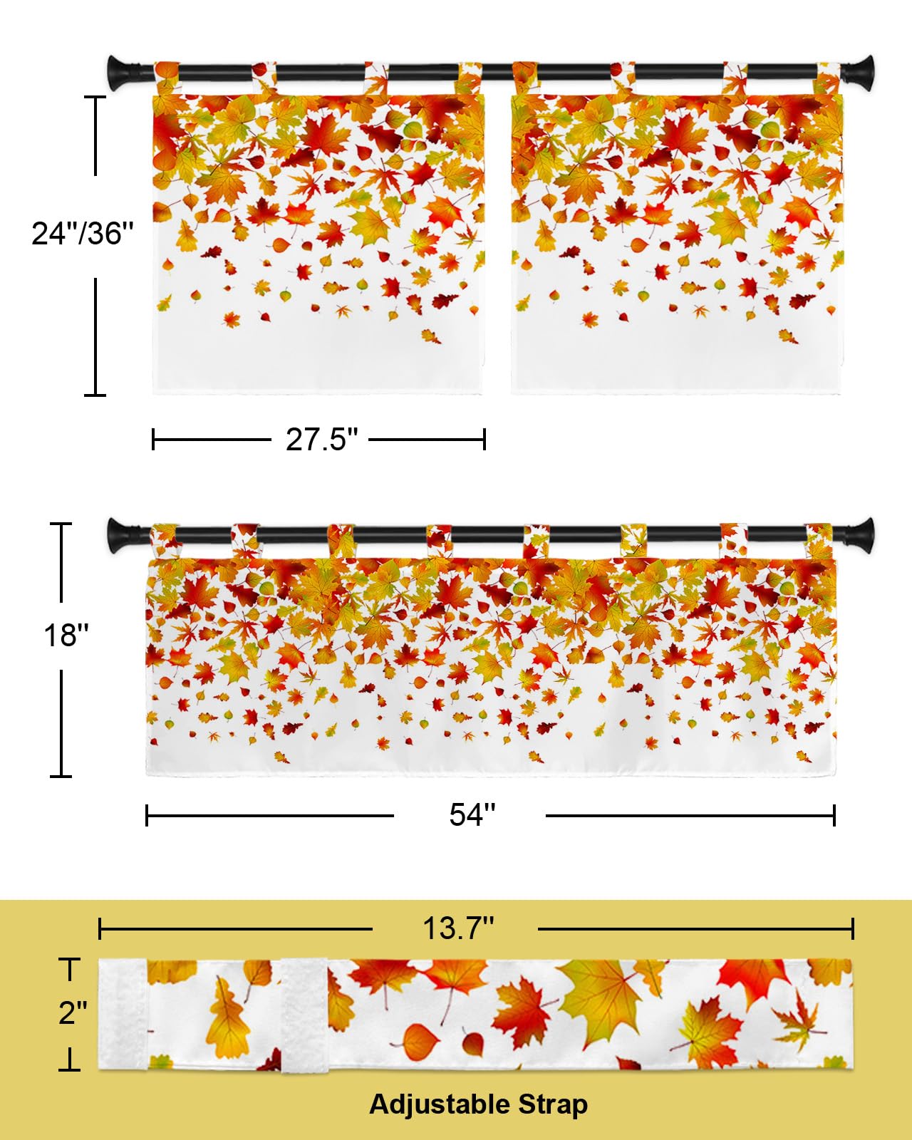Kitchen Curtains Tiers and Valances Set 3 Piece Tab Top Valances for Windows, Fall Decor Kitchen Window Curtains Set, Valances for Living Room Bedroom, Orange Gradient Maple Leaves Thanksgiving