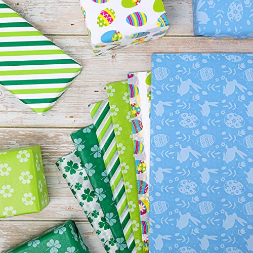 Whaline Easter Tissue Paper Green Blue Gift Wrapping Paper Rabbit Bunny Clover Eggs Flower Art Tissue Paper for Easter St. Patrick's Day DIY Craft Birthday Wedding Decor, 14 x 20 Inch, 90Pcs
