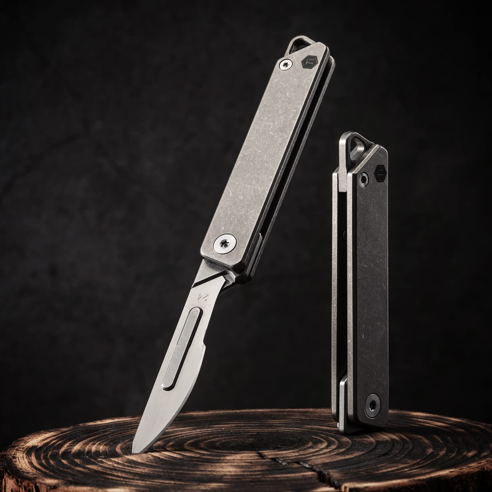 KeyUnity KK02 Titanium Flipper Pocket Knife, Quick Open Keychain Folding Knife with #24 Replaceable Blades for Everyday Carry (Sandblasted)