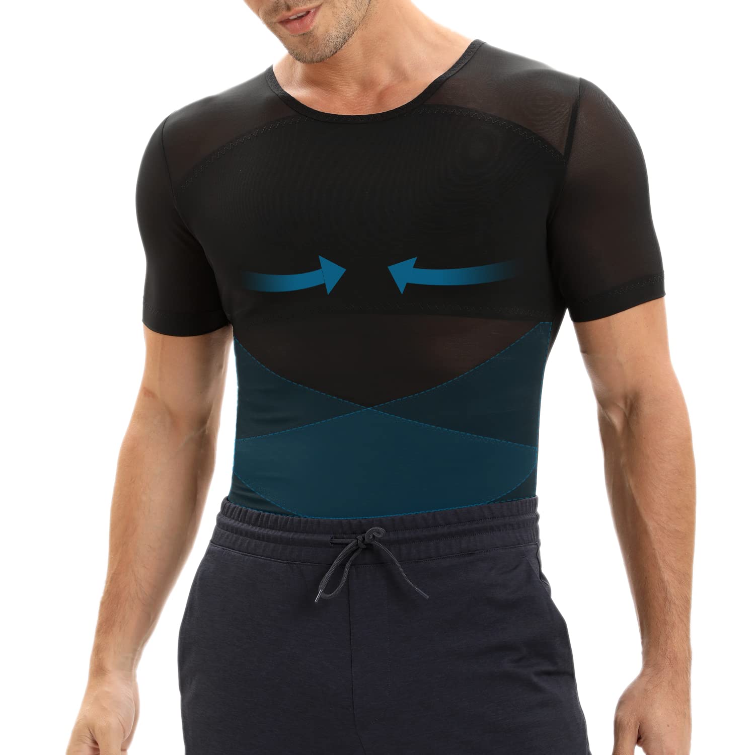 PODFAN Men's Body Shaper Short Sleeve, Men's Compression Body Shaper Short Sleeves,Mens Seamless Compression Shirt Black