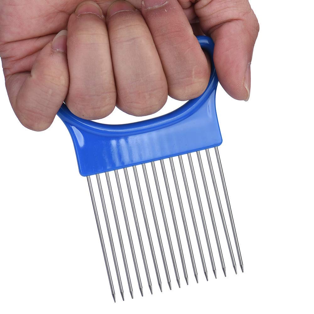 Kitchen Cutting Tool Slicer, Tomato Onion Vegetables Slicer Cutting Aid Holder Guide Slicing-Cutter Stainless Safe-Fork (Blue, One Size)