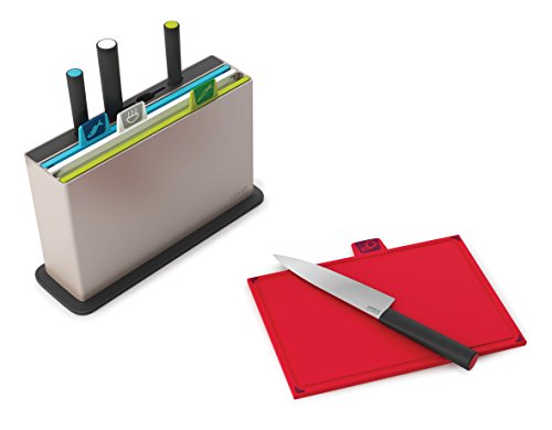Joseph Joseph Index Plastic Cutting Board Set with 4 Matching Knives and Storage Case Color-Coded Dishwasher-Safe Non-Slip, Small, , Silver with Knives