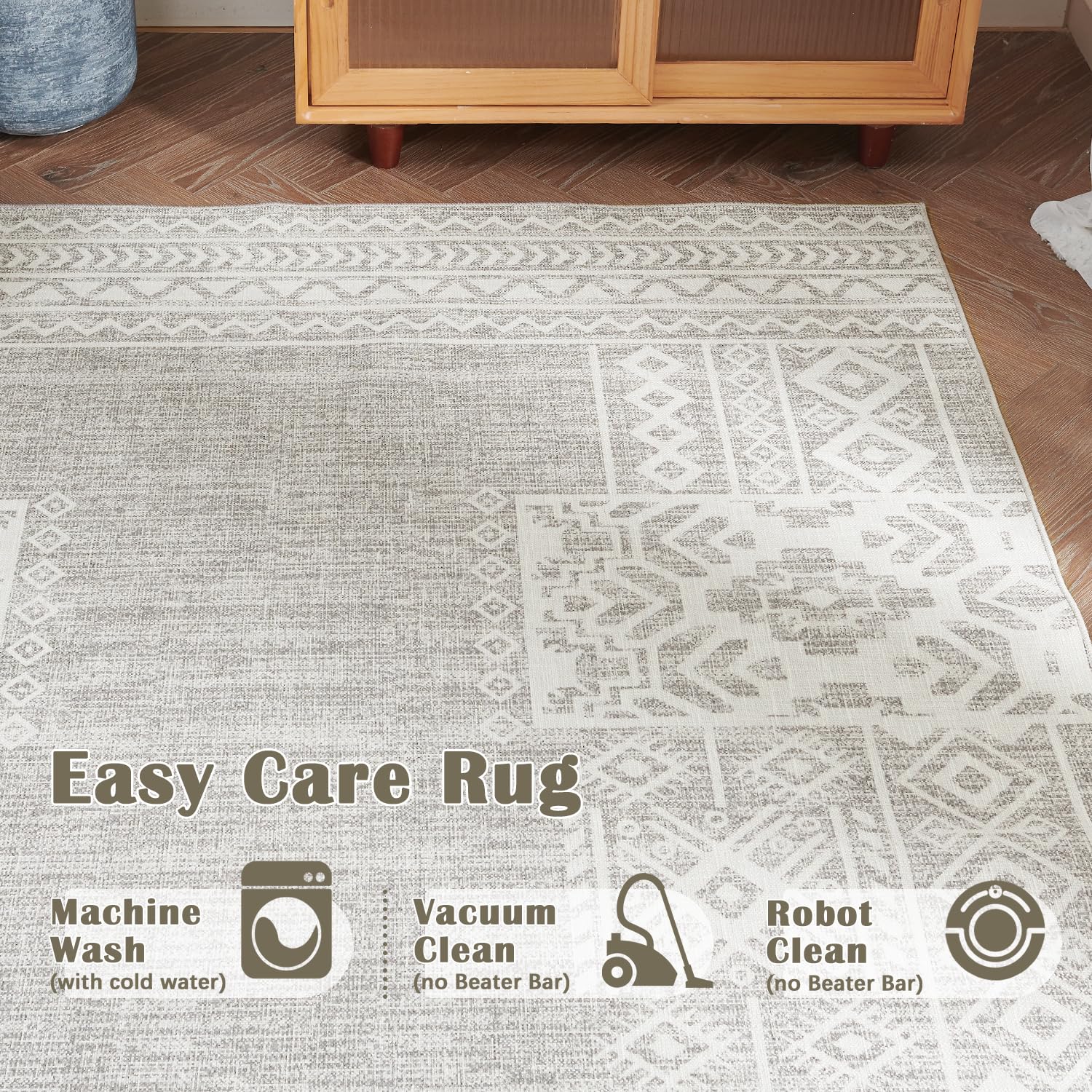 jinchan Area Rug - 4x6 Ultra-Thin Washable Rug, Vintage Living Room Rug, Boho Rug Geometric, Non-Slip Non-Shedding Carpet for Kitchen Bedroom(4x6ft, Brown Ivory)