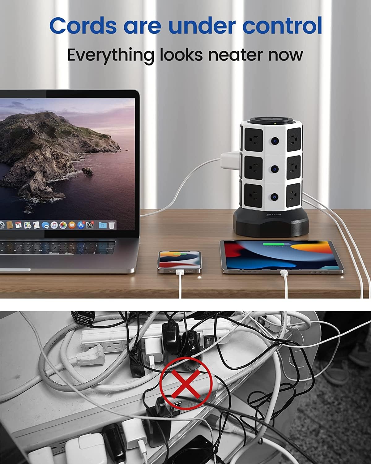 Power Strip Tower with Wireless Charger - Surge Protector with USB, JACKYLED Electric Outlet 13A 10 AC Outlets 4 USB Ports 6.5ft Extension Cord for School Dorm Office Home Desktop Computer White Black