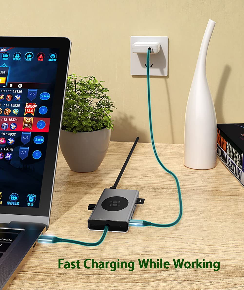 USB C Hub,USB-C Laptop Docking Station,15 in 1 Type C Adapter Compatible for MacBook and Windows(HDMI VGA PD3.0 SD TF Card Reader Gigabit Ethernet USB Ports)