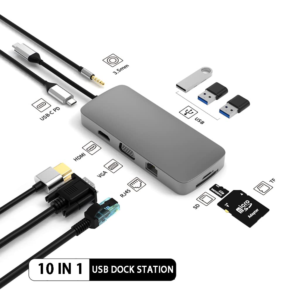 USB C Hub,USB-C Laptop Docking Station,10 in 1 Type C Adapter Compatible for MacBook and Windows(HDMI VGA PD3.0 SD TF Card Reader Gigabit Ethernet USB Ports)