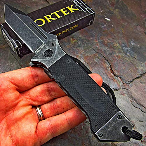 VORTEK Ball Bearing Pivot System Heavy Duty EDC Folding Pocket Knife: 8Cr13MoV Razor Sharp Blade - LMF Style Pommel with Lanyard - Smooth Fast One Hand Opening