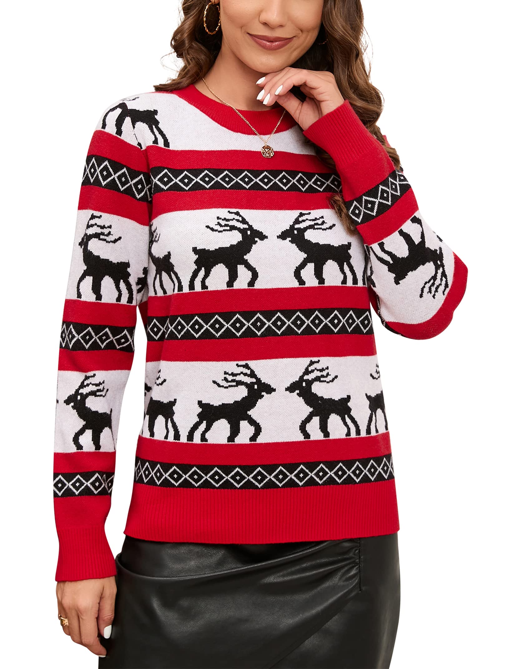 KOJOOIN Women's Christmas Sweaters Long Sleeve Knit Ugly Pullover Sweater Funny Christmas Tree Reindeer Animal Print Knitwear