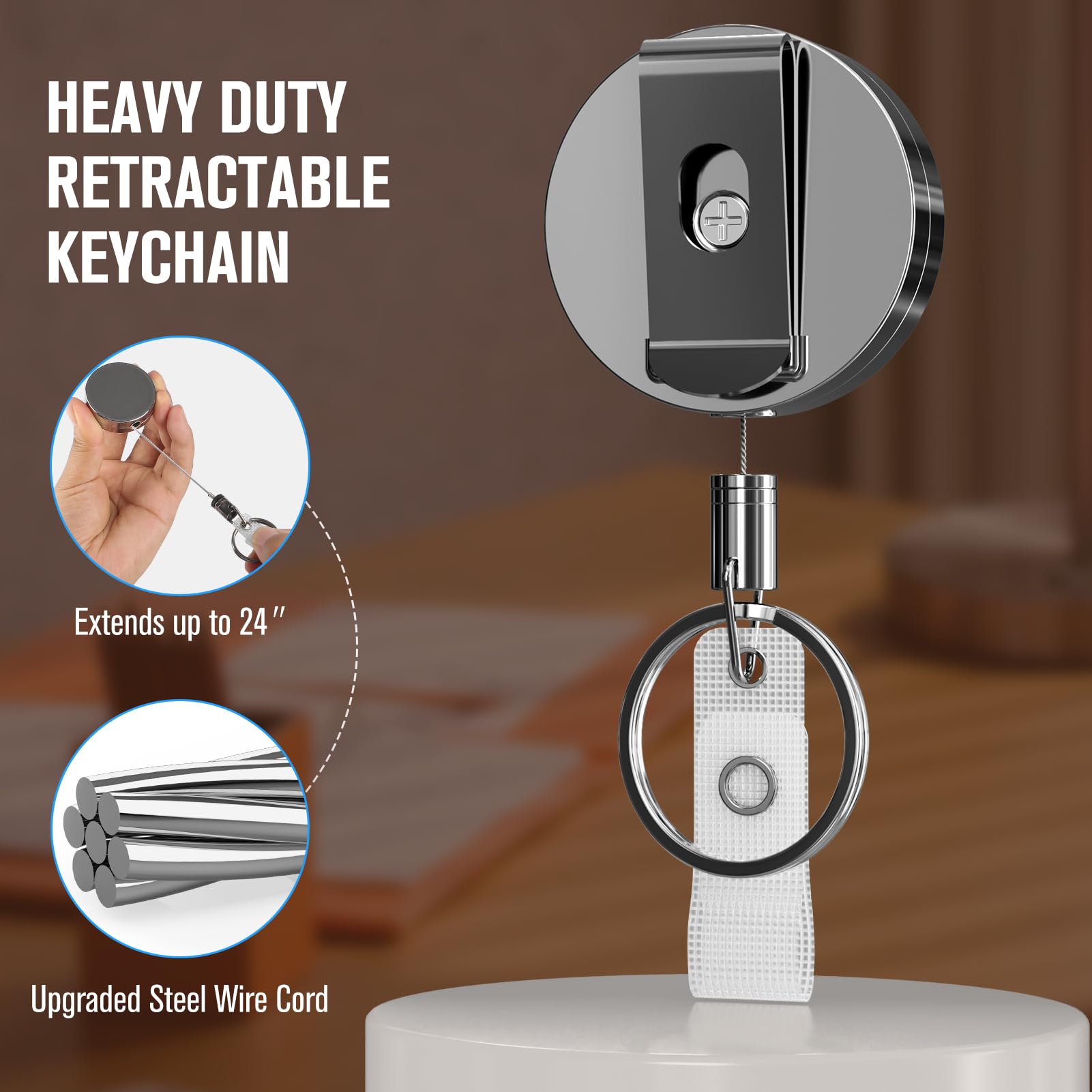 KTRIO 2 Pack Retractable Badge Holders Reel, Heavy Duty Badge Reels Retractable with Belt Clip, Metal Badge Holder Retractable Clip with Steel Wire Cord, Max Loading Weight 5.3oz(Silver)