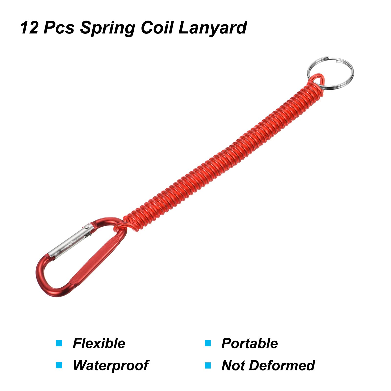 PATIKIL 3.3ft Spring Coil Keychain Stretch Cord, 12 Pack Spiral Lanyard Tether Retractable with Metal Clip and Keyring for Keys Fishing Tool, Red